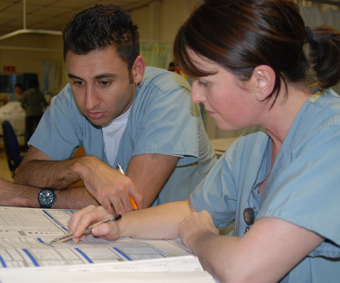 Fig 1 Doctor discussing handover with a colleague